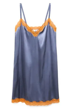 Mango Lace Trim Stretch Silk Nightgown - Ink Blue