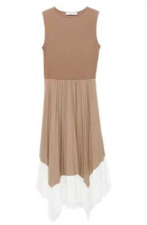 Mango Sleeveless Pleated Asymmetric Dress - Beige/white