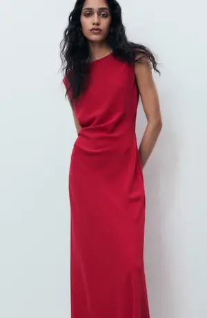 Mango Ruched Sleeveless Midi Dress - Red