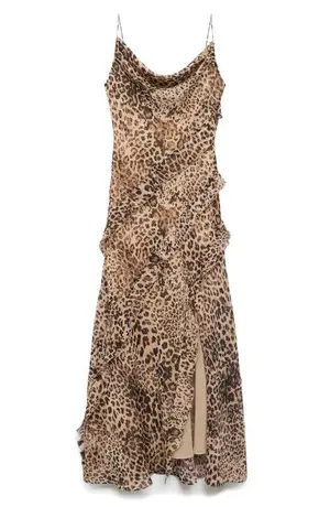 Mango Animal Print Ruffle Slip Dress