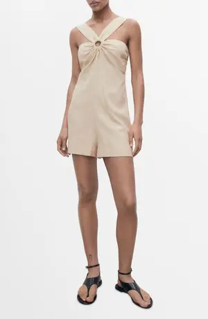 Mango Linen-blend Romper With Hoop Detail - Sand