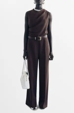Mango Drape Belted Wide Leg Jumpsuit - Chocolate