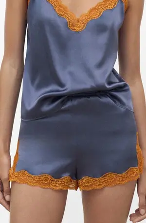 Mango Contrast Lace Trim Stretch Silk Pajama Shorts - Ink Blue