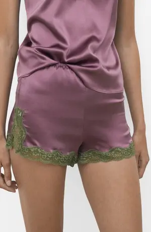 Mango Contrast Lace Trim Stretch Silk Pajama Shorts - Plum