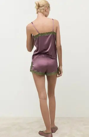 Mango Contrast Lace Trim Stretch Silk Pajama Shorts - Plum