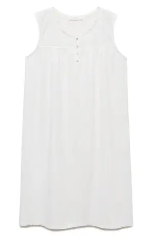 Mango Embroidered Eyelet Yoke Sleeveless Cotton Nightgown - White