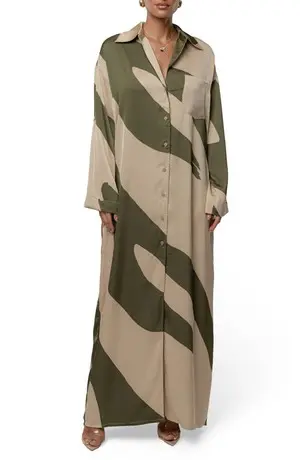 JLUXLABEL Long Sleeve Satin Maxi Shirt Dress