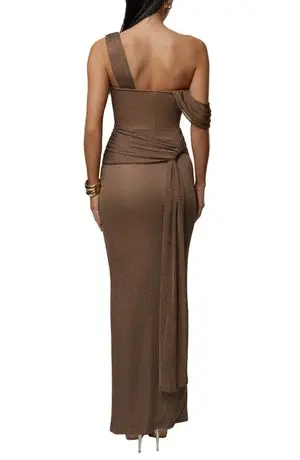 JLUXLABEL Drape Metallic One-shoulder Gown - Brown