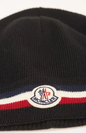 Moncler Tricolor Stripe Virgin Wool Beanie - Black