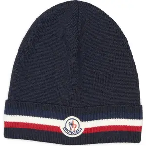 Moncler Tricolor Stripe Virgin Wool Beanie - Navy Blue