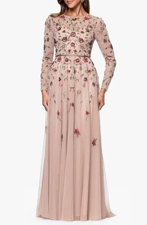 XSCAPE EVENINGS Beaded Long Sleeve Chiffon Gown