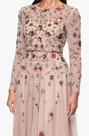 XSCAPE EVENINGS Beaded Long Sleeve Chiffon Gown