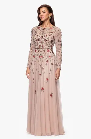 XSCAPE EVENINGS Beaded Long Sleeve Chiffon Gown