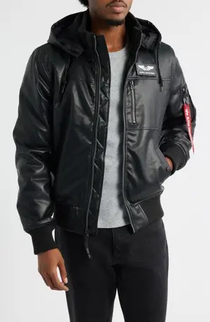 Alpha Industries Hooded Faux Leather Flight Jacket