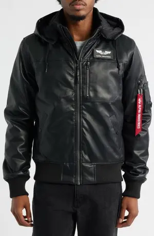 Alpha Industries Hooded Faux Leather Flight Jacket
