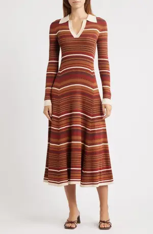 Moon River Stripe Long Sleeve Midi Sweater Dress