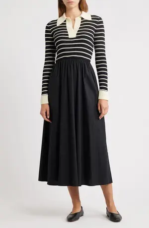 Moon River Stripe Long Sleeve Twofer Midi Dress - Black