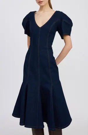 EN SAISON Seraphina Puff Sleeve Denim Midi Dress