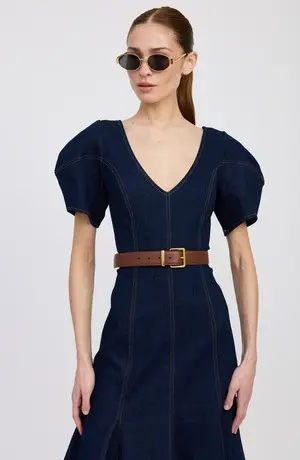EN SAISON Seraphina Puff Sleeve Denim Midi Dress