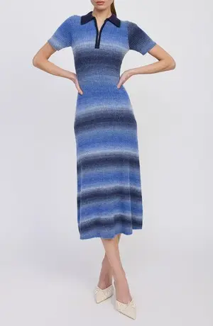 EN SAISON Ora Ribbed Midi Sweater Dress - Navy Light Blue Ivory