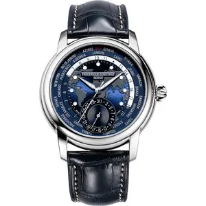 FREDERIQUE CONSTANT Classic Manufacture Worldtimer Automatic Leather Strap Watch - Navy/silver