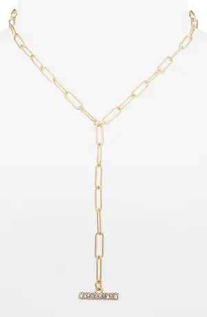 OPEN EDIT Paper Clip Pavé Toggle Y Necklace - Clear- Gold