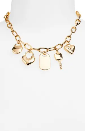 OPEN EDIT Heart Lock Charm Link Necklace - Gold