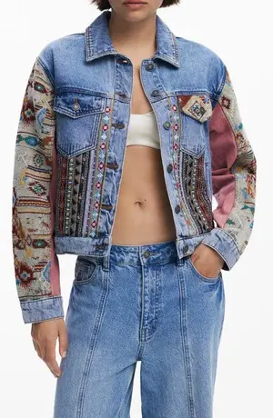 Desigual Embroidered Denim Trucker Jacket - Medium Blue