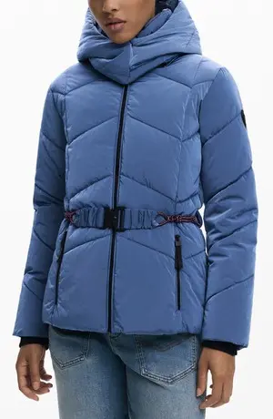 Desigual Quilted Puffer Coat With Removable Hood - Light Blue