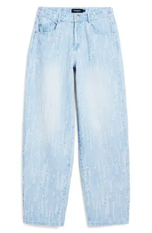 Desigual Distressed Stripe Wide Leg Jeans - Light Blue