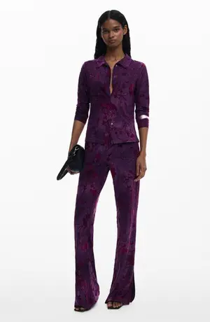 Desigual Floral Burnout Flare Pants - Medium Purple