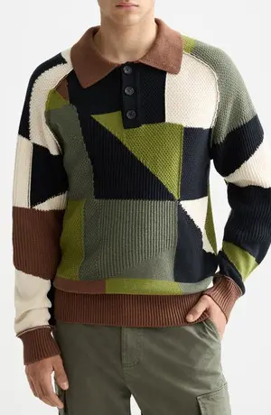 Scotch & Soda Patchwork Polo Sweater - Zigzag Patchwork
