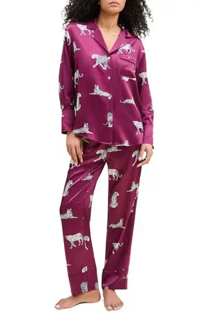 PETITE PLUME Panthre De Nuit Piped Silk Satin Pajamas - Red