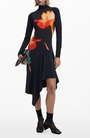 Desigual Asymmetric Long Sleeve Printed Dress - Black