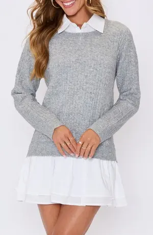 VICI Layered Mixed Media Long Sleeve Mini Dress - Heather Grey White