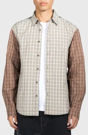 PLEASURES Dazed Mismatched Plaid Button-up Shirt