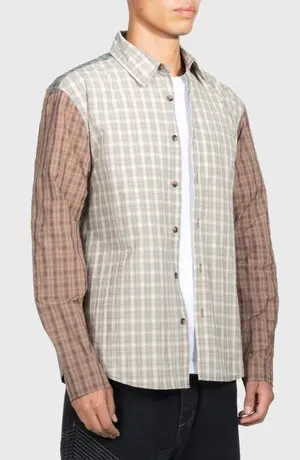 PLEASURES Dazed Mismatched Plaid Button-up Shirt