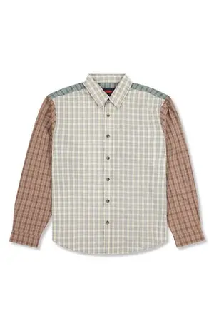 PLEASURES Dazed Mismatched Plaid Button-up Shirt