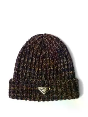 Prada Mélange-knit Beanie With Triangle Logo - Blue
