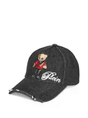 Philipp Plein Bear-embroidered Denim Cap - Black