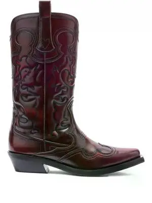 GANNI Embroidered Western Boots - Red