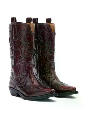 GANNI Embroidered Western Boots - Red