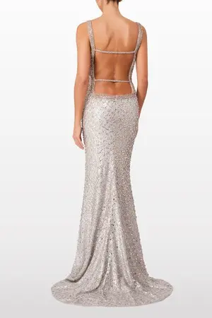 Jenny Packham Lotus Sequin-embellished Open-back Maxi Dress - Ammonite
