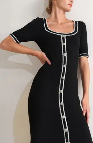 FREEMARKET Knit Midi Dress With Contrast Trim And Decorative Buttons