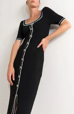 FREEMARKET Knit Midi Dress With Contrast Trim And Decorative Buttons