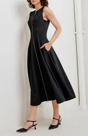 FREEMARKET Pinstripe Zip Front Midi Dress
