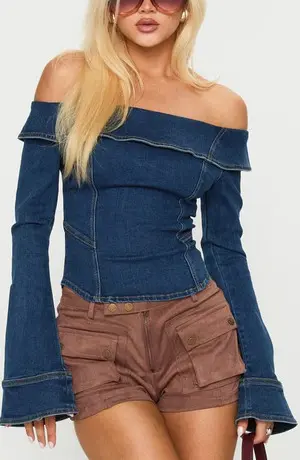 Princess Polly Off-the-shoulder Denim Top - Dark Denim