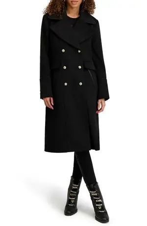 Karl Lagerfeld Paris Double Breasted Wool Blend Coat - Black
