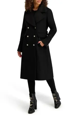 Karl Lagerfeld Paris Double Breasted Wool Blend Coat - Black
