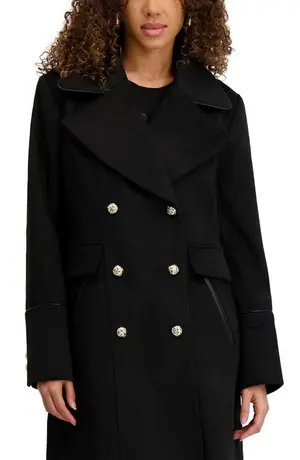 Karl Lagerfeld Paris Double Breasted Wool Blend Coat - Black